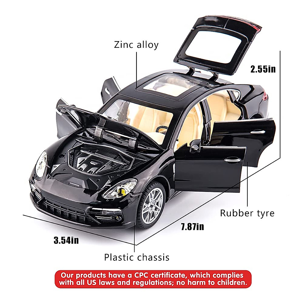 BDTCTK 1/24 Palamera Model Car Toy, Zinc Alloy Pull Back Toy car with Sound and Light for Kids Boy Girl Gift (Black)