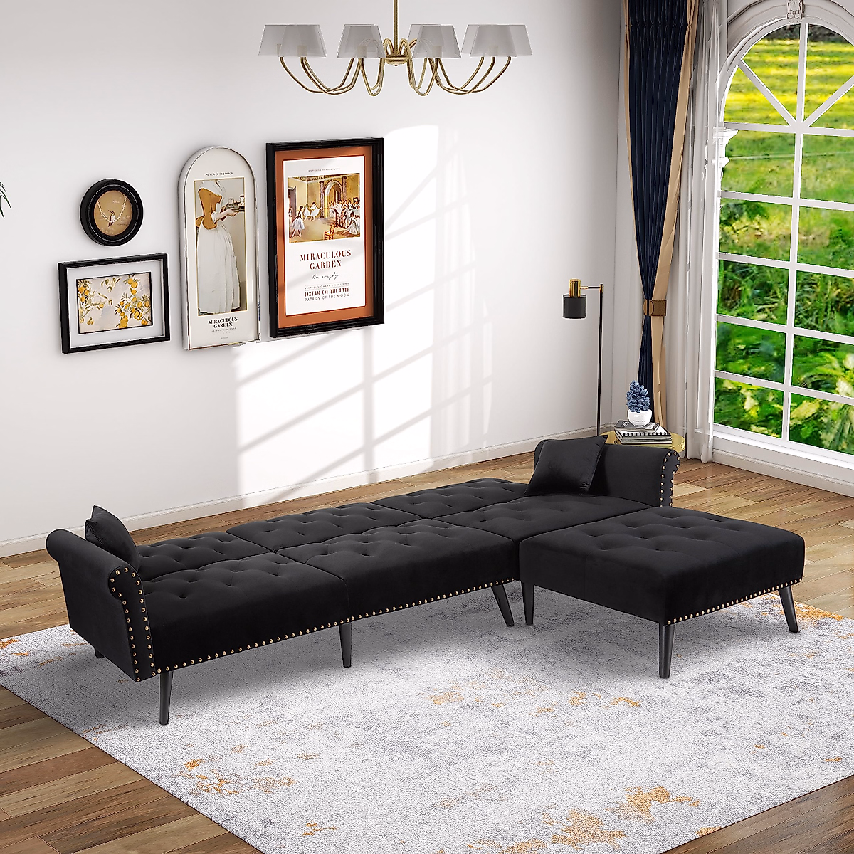 KoiHome Sectional Sofa Right Hand Facing Velvet Button Tufted, L Shape Chaise with Nail Head Detail, Modern 4 Seat Cushion & Wood Leg, 2 Pillows, Couch for Living Room,Office, Black