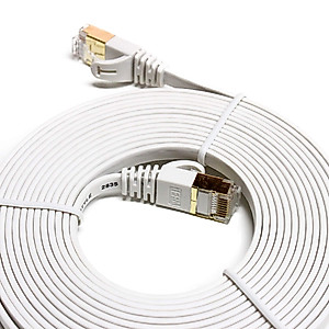 Tera Grand - 12FT - CAT7 10 Gigabit Ethernet Ultra Flat Patch Cable for Modem Router LAN Network, Gold Plated Shielded RJ45 Connectors, Faster Than CAT6a CAT6 CAT5e, White
