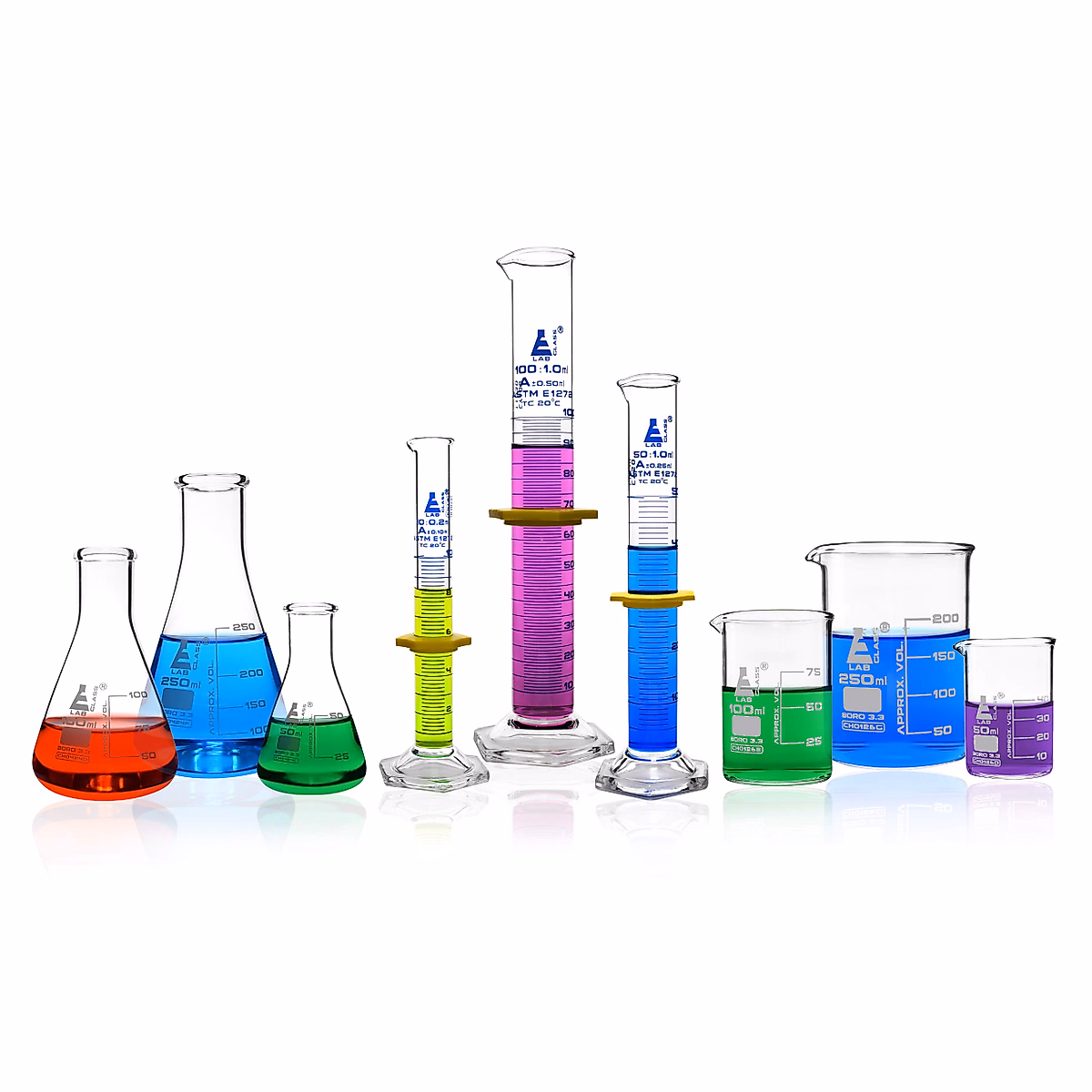 Chemistry Lab Glassware Set, 9 Pieces - Includes 3 Beakers, 3 Erlenmeyer Flasks & 3 ASTM, Class A Graduated Cylinders - Borosilicate 3.3 Glass – Eisco Labs
