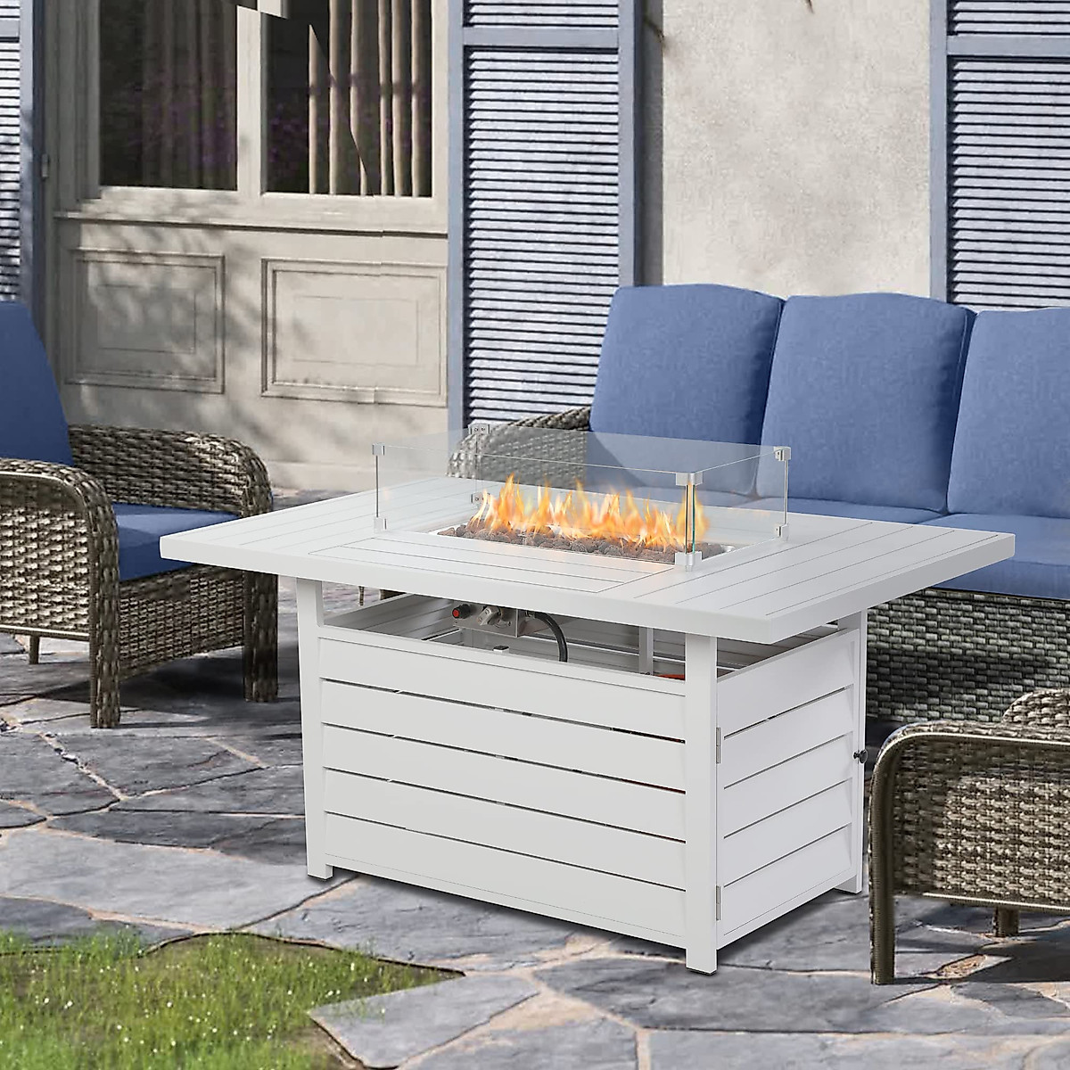 Wisteria Lane 54.3” Outdoor Patio Aluminum Fire Pit Table, 50000 BTU CSA Certified Propane Gas Fire Pit, Rectangular Fire Table w/Stainless Burner, Lava Rock, Waterproof Cover