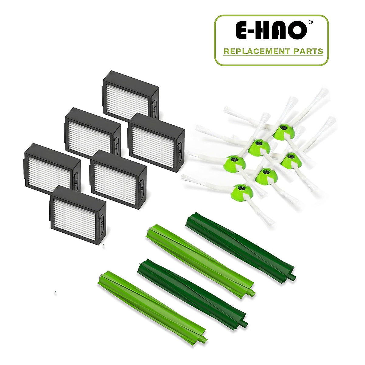 E-HAO Replacement Vacuum Parts for iRobot Roomba i & j & e and Combo i & j Series, 2 Sets Rubber Brushes, 6 HEPA Filters, 6 Side Brushes for i1+/i2+/i3+/i4+/i5+/i6+/i7+/i8+/j5+/j6+/j7+/j8+/e5/e6
