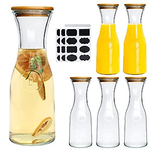 Cadamada 35oz Glass Carafe,Glass Pitcther with Wooden Caps,Suitable for Wine,Fruit Tea,Drinks,Drinking Water,Home Kitchen,Bar Party,Wedding Scene（6pcs）