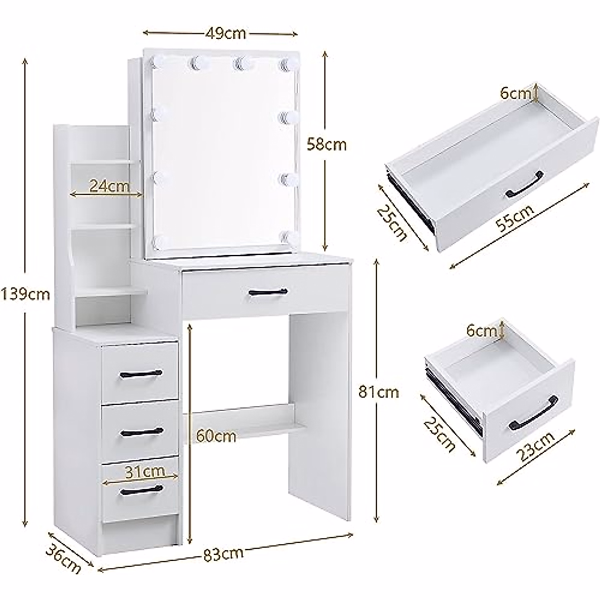 Caulitar Modern Vanity Desk with Mirror and Lights, White Vanity Desk with Stool and 4 Storage Drawers, Bedroom Makeup Vanity for Women Girls