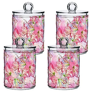 xigua 2 Pack Amaryllis Flowers Pink Apothecary Jars with Lid, Qtip Holder Storage Containers for Cotton Ball, Swabs, Pads, Clear Plastic Canisters for Bathroom Vanity Organization (10 Oz)