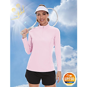 TACVASEN Women's Rash Guard Shirts Pink Workout Tops Long Sleeve Quarter Zip Pullover Womens UPF 50+ Golf Shirts, L