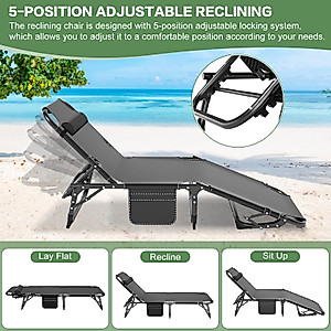 Barbella Folding Lounge Chair 5-Position, Folding Cot, Portable Outdoor Folding Chaise Lounge Chair for Sun Tanning, Perfect for Pool Beach Patio Sunbathing, Onesize, Dark Gray
