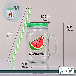 Mason Jar 15oz/450mL with Lid & Straw Drinking Glasses Printed Watermelon - Set of 2