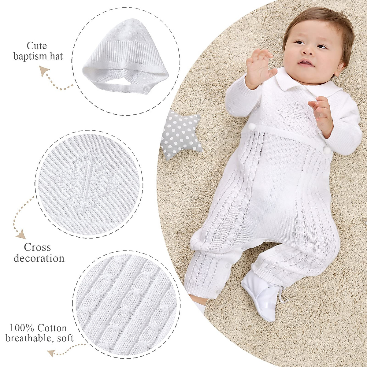 Booulfi Baby Boy's Christening Baptism Outfits Suit with Hat，Cross Detail