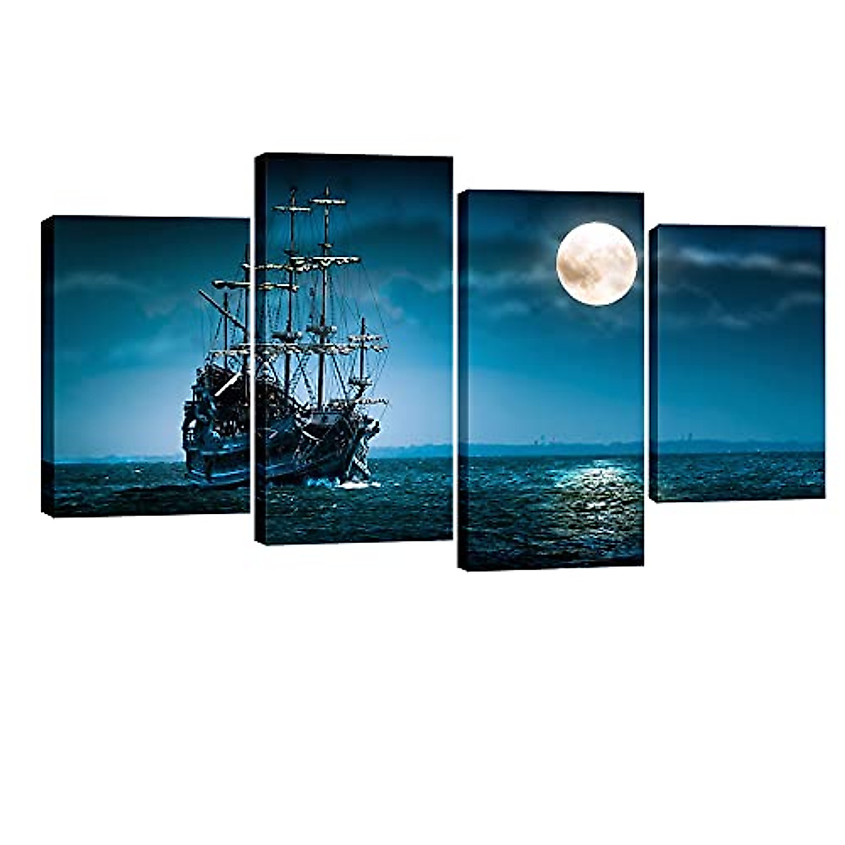 Pyradecor Night Navigation 4 Piece Modern Stretched and Framed Seascape Artwork Giclee Canvas Prints Moon Pictures Paintings on Canvas Wall Art for Living Room Bedroom Home Decorations