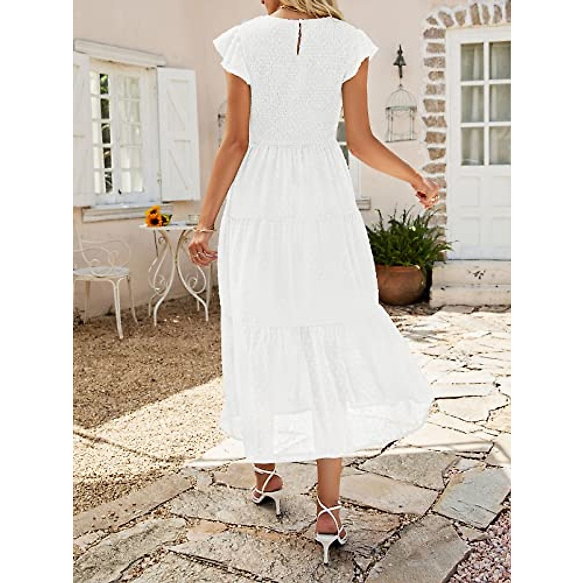 MEROKEETY Women's Summer Dresses for Women 2022 Swiss Dot Crew Neck Smocked Midi Dress,White,S