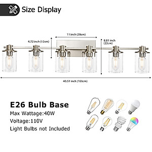 XGFOURSEVEN Brushed Nickel Bathroom Vanity Light, 6-Light Bathroom Light Fixtures with Clear Glass Shade, Nickel Wall Sconce for Bathroom Lighting (Brushed Nickel, 6 Light)