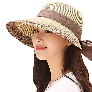 Straw Sun Hats for Women Beach Summer Wide Brim Adjustable Lightweight Foldable/Packable Travel with Uv Upf50 Protection Khaki