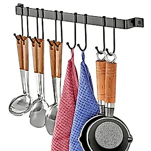 JEPRECO Kitchen Rail with 10 Hooks, Wall Mounted Iron Utensil Holder Hanging Pot Pan Rack Mug Cup Organizer,17 Inch Black