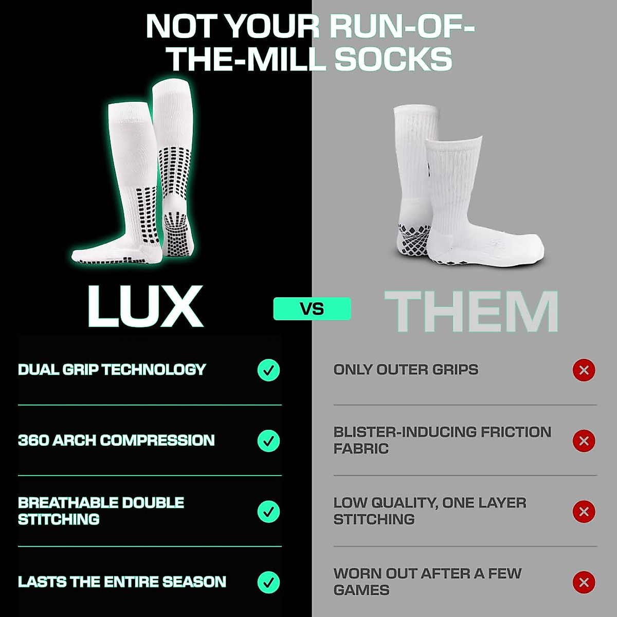 LUX Anti Slip Soccer Knee Socks,Non Slip Football/Basketball/Hockey Sports Grip Socks White