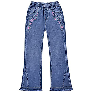 Peacolate 5-10Years Little Big Girls 2pcs Clothing Set Pink Stripe T Shirt and Blue Butterfly Embroidered Bootcut Jeans(Pink,6-7Years)