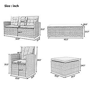 SIYAHOME Conversation 5 Piece UV Outdoor Patio Storage Bench Garden Furniture, PE Modular Set, All Weather Rattan Sofa Dining Table Chair, Grey Wicker, Gray