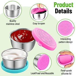 Hearth & Basin 6 Pack 1.7 oz Salad Dressing Container To-Go with Reuseable Silicone Lids, Stainless Steel Cups, Ramekins, Dip Containers, Condiment, Sauce, For Lunch, Bento Box, Picnic and Travel,