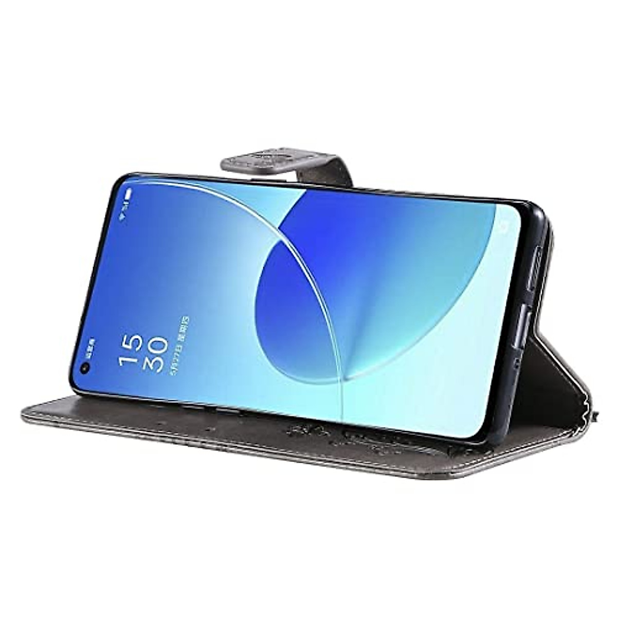 SATURCASE Case for Oppo Reno 6 Pro 5G, Butterfly Embossing PU Leather Flip Magnet Wallet Stand Card Slots Hand Strap Protective Cover for Oppo Reno 6 Pro 5G (Gray)