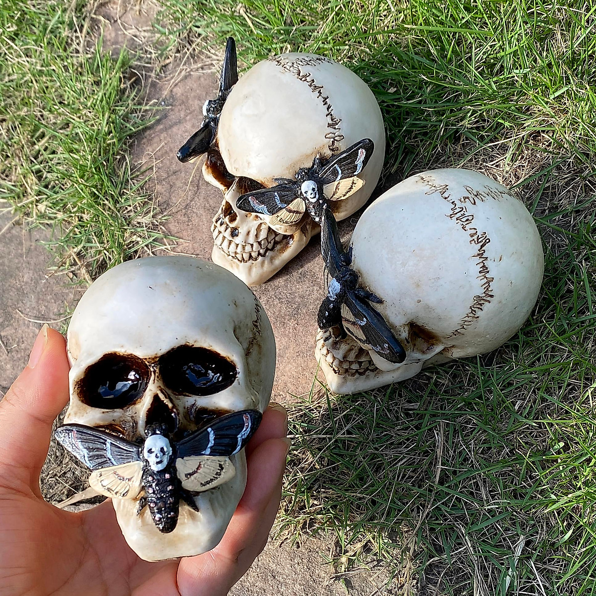 Basuo-9Q Pack of 3 Hear Speak See No Evil Resin Figurines Halloween Decoration Wise Skeletons Statues Black Reapers (Moth-Skulls)