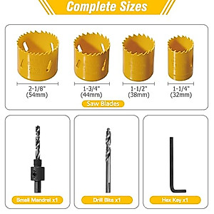 KATA Bi-Metal Hole Saw Kit, 7-Piece Metal Hole Saw Set with 1-1/4" to 2-1/8"(32-38-44-54mm) Hole Drill Cutter with Mandrels, Drill Bit, Hex Key for Metal, Wood, PVC, Plastic