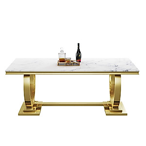 70" Modern Marble Dining Table, Luxury Gold Rectangular Kitchen Table for 6-8, Mid-Century White Faux Marble Dining Room Table with Mirrored Stainless Steel Pedestal Base for 6