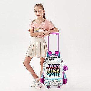 Meetbelify Rolling Backpack for Girls Backpack with Wheels Kids Luggage for Elementary Students with Lunch Box Set for Girls Purple