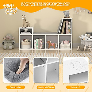 HedoajimKids Bookshelf with Reading Nook,Bookcase with 6 Cubby and Seat Cushion,Toddler Reading Bench and Toy Storage Organizer for Kids Room, Playroom, Classroom, Nursery,Bedroom