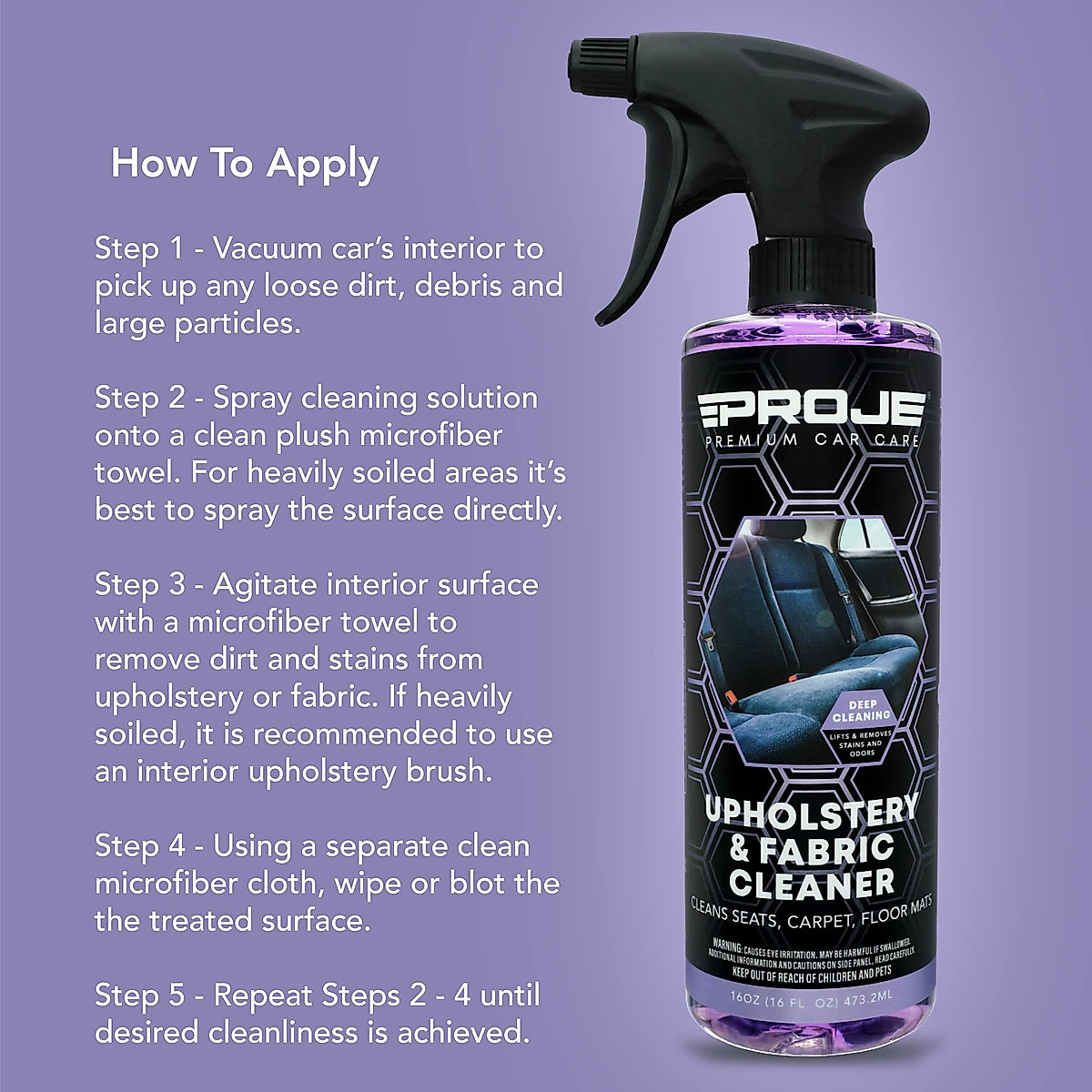 PROJE' Upholstery & Fabric Cleaner - Effective Carpet Cleaner - Stain remover - Eliminates Odors - Car Seat Cleaner - 16 Fl Oz