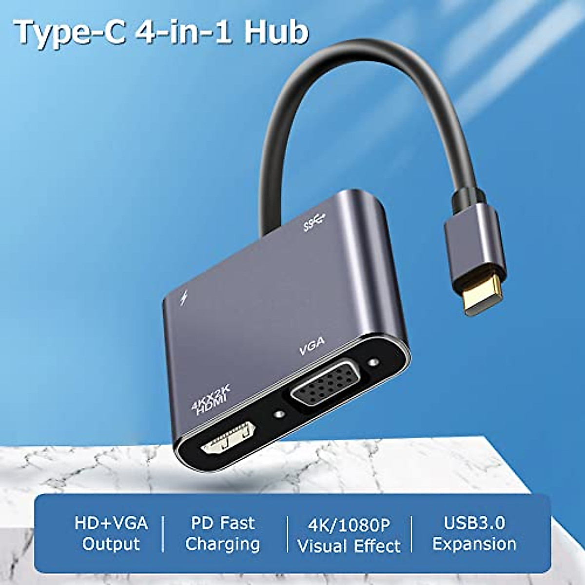 Multifunctional 4-in-1 Type-C Hub Type-C Converter Aluminum Alloy Shell up to 4K Resolution +VGA+USB3.0+PD Charging Ports