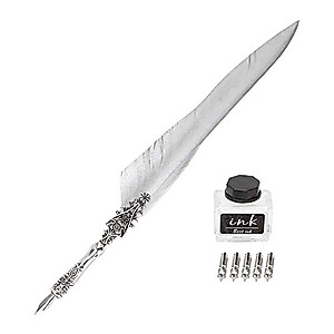 Wal front Feather Pen Classical Retro Type Quill Dip Pen Calligraphy Pen Ink Bottle Set Present Stationery (#4: Silver 2)