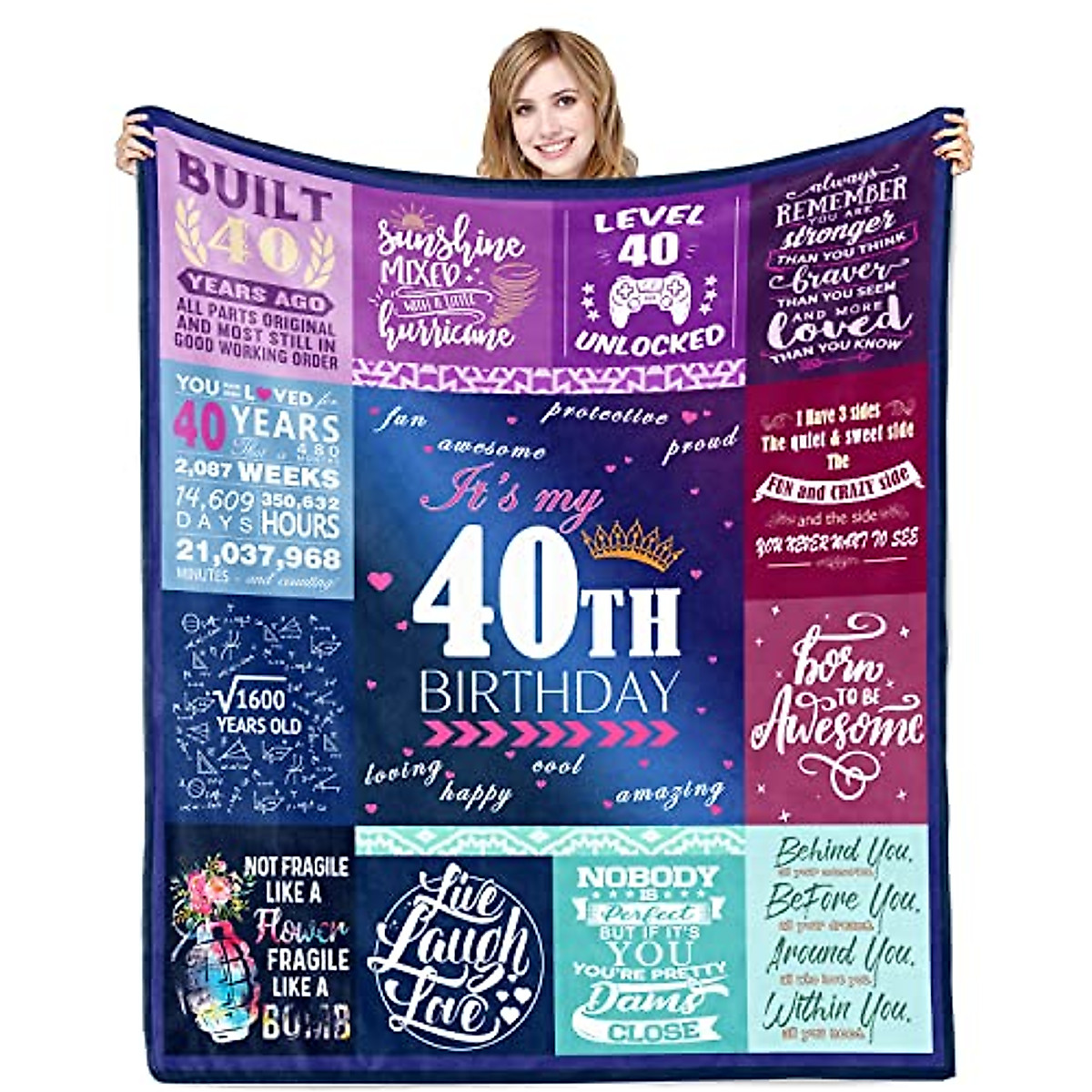 40th Birthday Gifts for Women Blanket 60x50in, 40th Birthday Gifts for Her, 40th Birthday Decorations for Women, 40 Year Old Birthday Gifts for Women Sister Wife Mom Soft Warm Throw Blanket