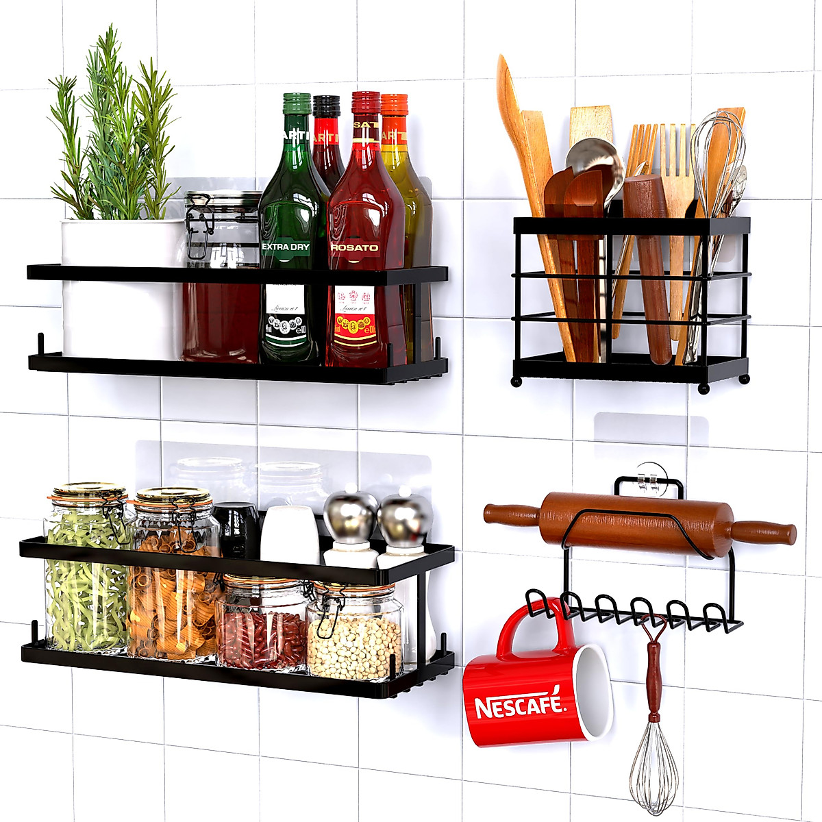 Comelyjewel 6 Pack Bathroom Adhesive Shower Shelves for Tile Wall Toiletry Kitchen Organizer and Large Capacity Bathtub Essentials Wall Rack Suction Shower Caddy for Inside Shower Storage