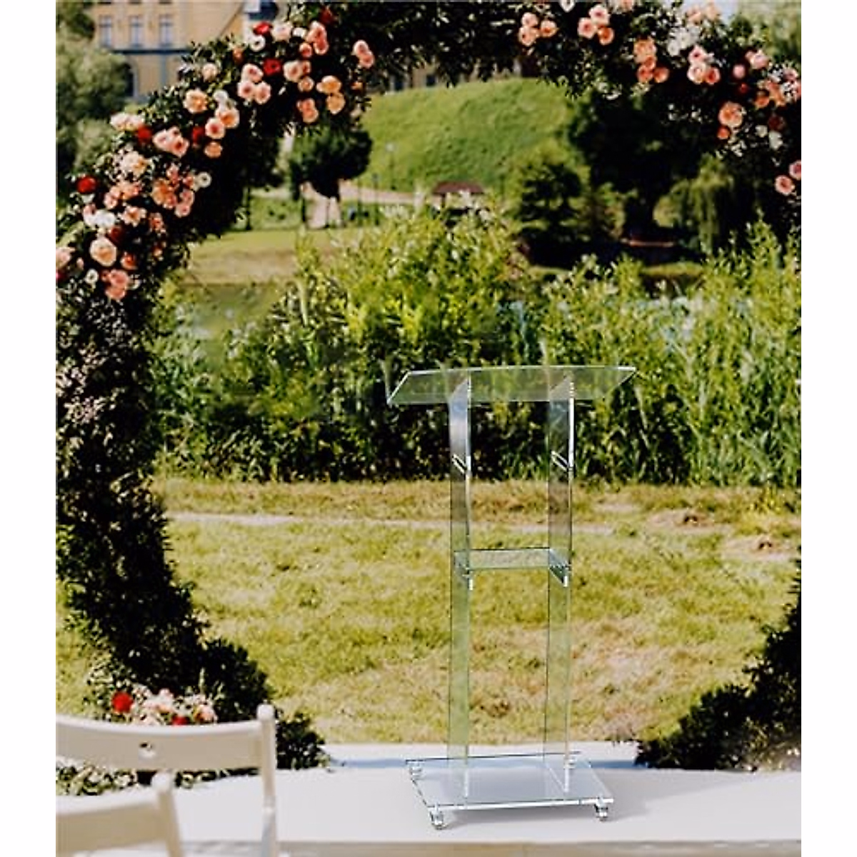 Acrtmatic Acrylic Clear Rolling Wheel Podium Stand, 47-inch Modern Lectern & Podium with Storage Shelf for Church, Speech，Classroom, Wedding, Concert. (23.6" L x 15.7" W x 47.2" H)