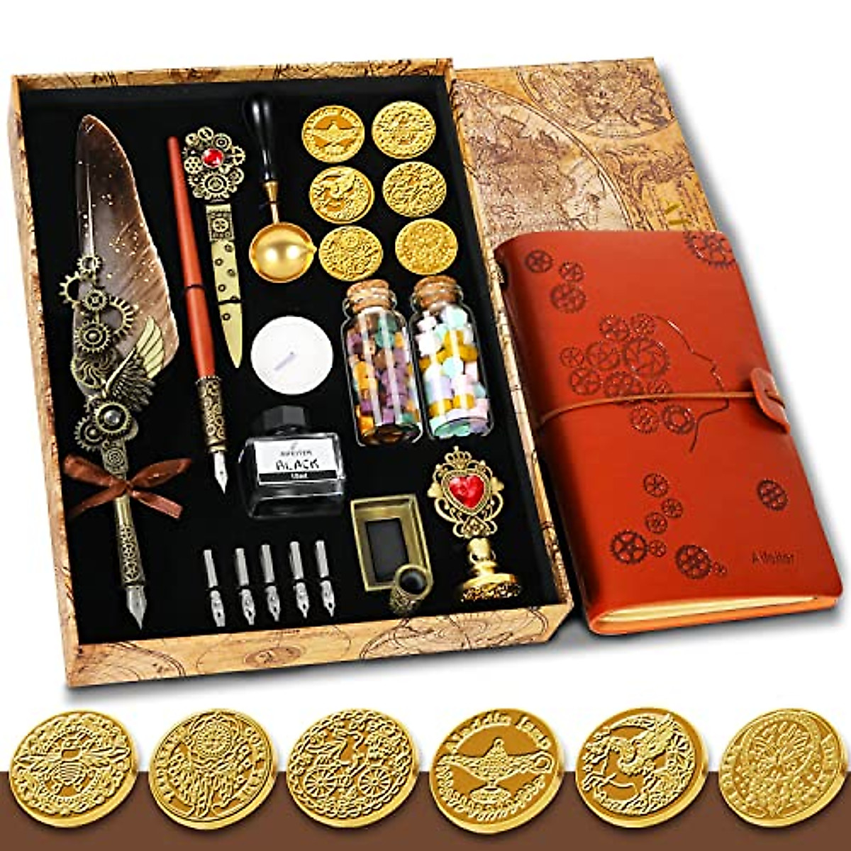 Aifeiter Feather Calligraphy Pen Set.Quill Pen Ink Set.Wax Seal Stamp Set,include Feather Pen.5D Relief Seal,Leather Notebook,Etc.Birthday Gift,Christmas Gift.Gift Selection Calligraphy Pen Set-Grey