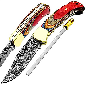 Multi Wood Unique Beautiful 6.5'' Custom Handmade Damascus Steel Brass Bolster Back Lock Folding Pocket Knife Sharpening Rod 100% Prime Quality Plus Beautiful Blue Wood Stainless Steel Pocket Knive