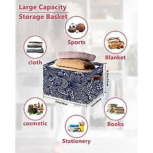 Sea Ocean Wave Texture Filling Storage Basket Waterproof Cube Storage Bin Organizer with Handles, Navy Blue White Stripes Collapsible Storage Cubes Bins for Clothes Books Toys 15"x11"x9.5"