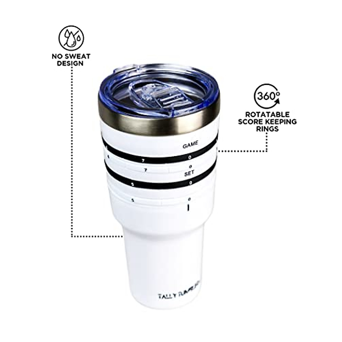 Tally Tumbler Tennis, Stainless Steel Cup Holder, 30 oz Leak Proof Lid, Double Wall Insulation, Tennis Tumbler with Score Keeping Counter used to Track Game Score & Set Score, for Two Teams