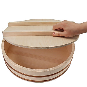 Kichgather Wooden Sushi Rice Bowl with Lid Hangiri Sushi Oke Sushi Rice Mixing Tub (11.8 ” with lid)