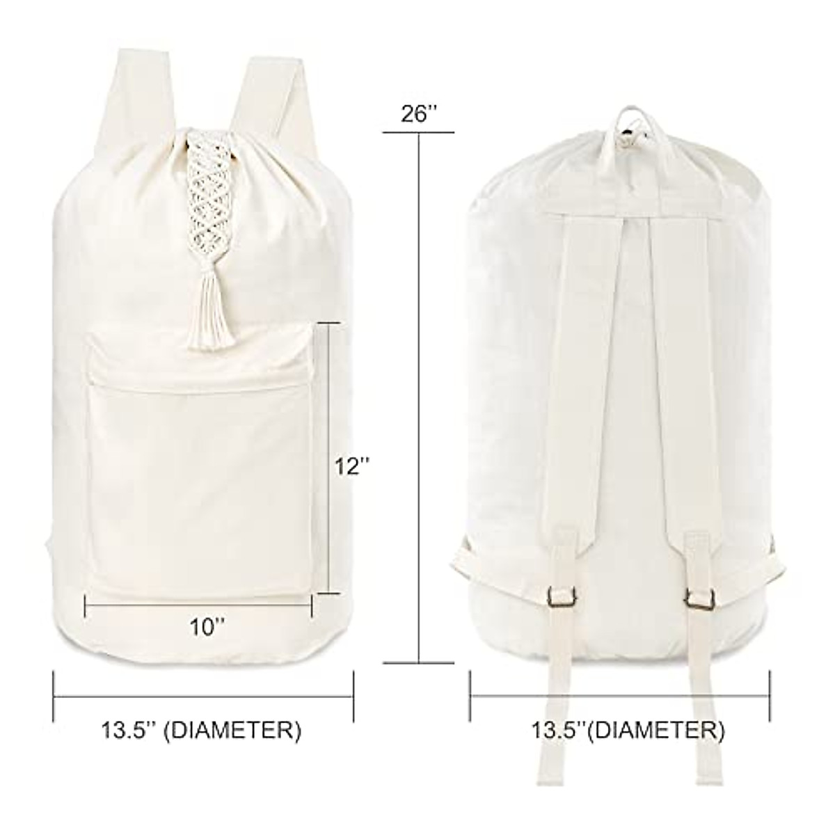 Mkono Laundry Bag with Shoulder Strap & Drawstring Closure Laundry Bags with Macrame Tassel Boho Hanging Clothes for College Dorm, Travel, Laundromat, Apartment