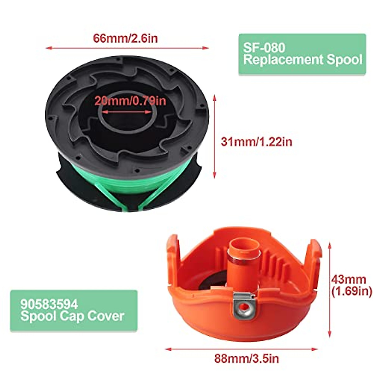 BOOTOP PIN SF-080 Replacement Spool SF-080-BKP for Black and Decker GH3000 LST540 GH3000R String Trimmer Weed Eater SF080 Auto Feed Spool Line 20ft 0.080" with 90583594 Cap Covers Parts