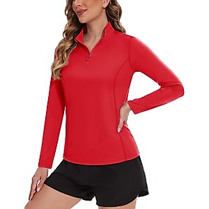 TACVASEN Women's Athletic Shirts Red Quarter Zip Pullover Womens UV Protection Shirts Rash Guard for Women Quick Dry, L