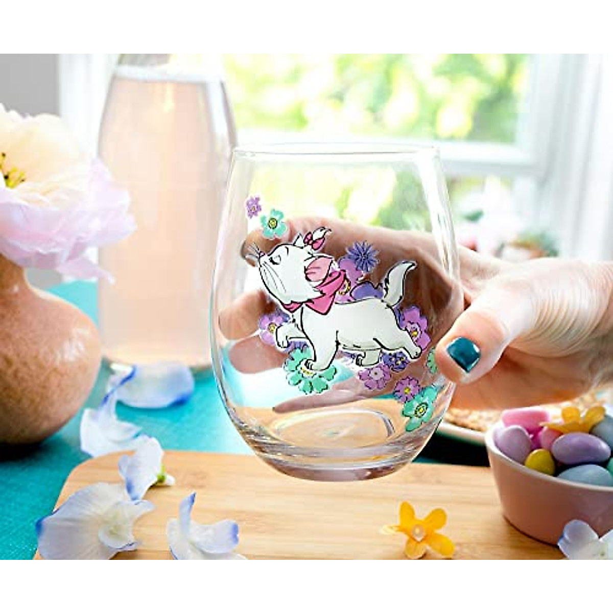 Disney The Aristocats Marie Walking Teardrop Stemless Wine Glass | Holds 20 Ounces