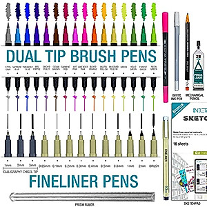 All-in-One Artist Drawing Pens Set -16 Dual Tip Brush Pens, 3 Calligraphy Pens, 10 Drawing Pens, Ruler, White Ink Pen, Mechanical Pencil, Sketch Pad Perfect for Coloring Journaling Planner Projects