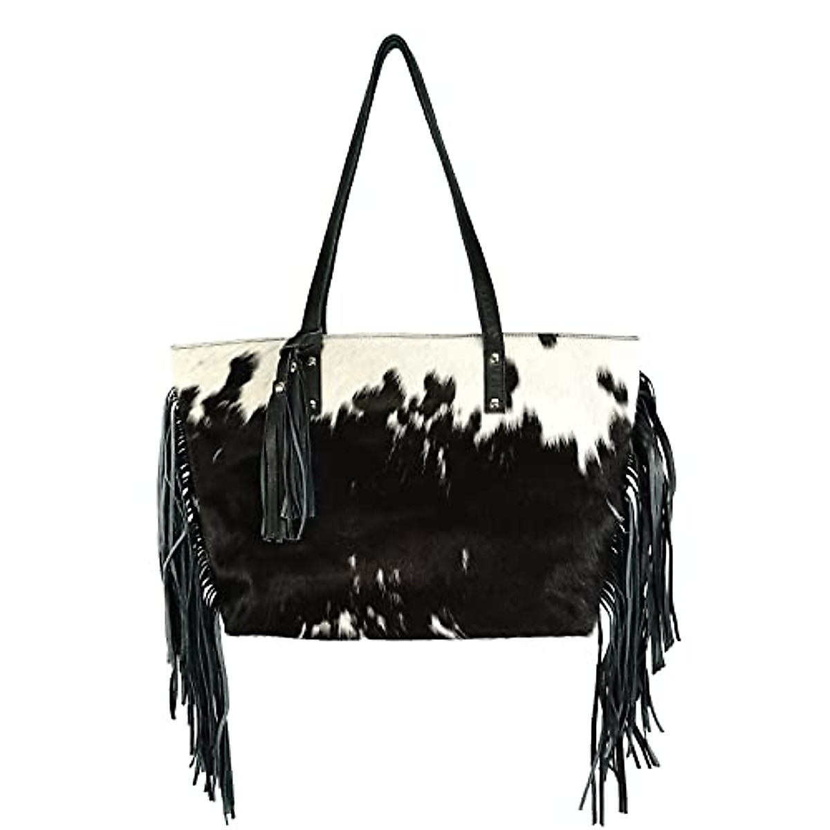 bonanza leathers women's cowhide leather large shoulder tote bag with fringes and zipper closure 505 (black)