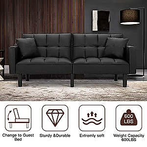 AVAWING Futon Sofa Bed, Modern Leather Convertible Sofa Bed Upholstered Sleeper Sofa Couch Bed with Adjustable Back, Arms and High Strength Nylon Legs for Living Room, Apartment, Office（Black）