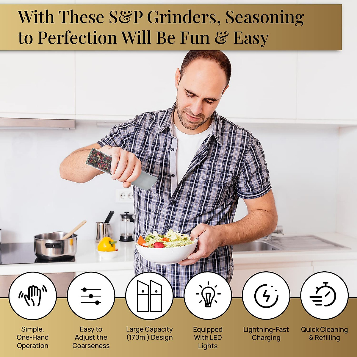 Automatic USB Rechargeable Salt and Pepper Grinder Set - Gravity Electric Salt and Pepper Grinder Set with LED Light and Adjustable Coarseness - Easy to Clean - Cleaning Brush Included - Ideal Gift