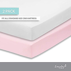 Everyday Kids 2-Pack Fitted Crib Sheets, 100% Soft Breathable Microfiber Baby Sheet, Fits Standard Size Crib Mattress 28in x 52in, Pink Nursery Sheet and White Nursery Sheet