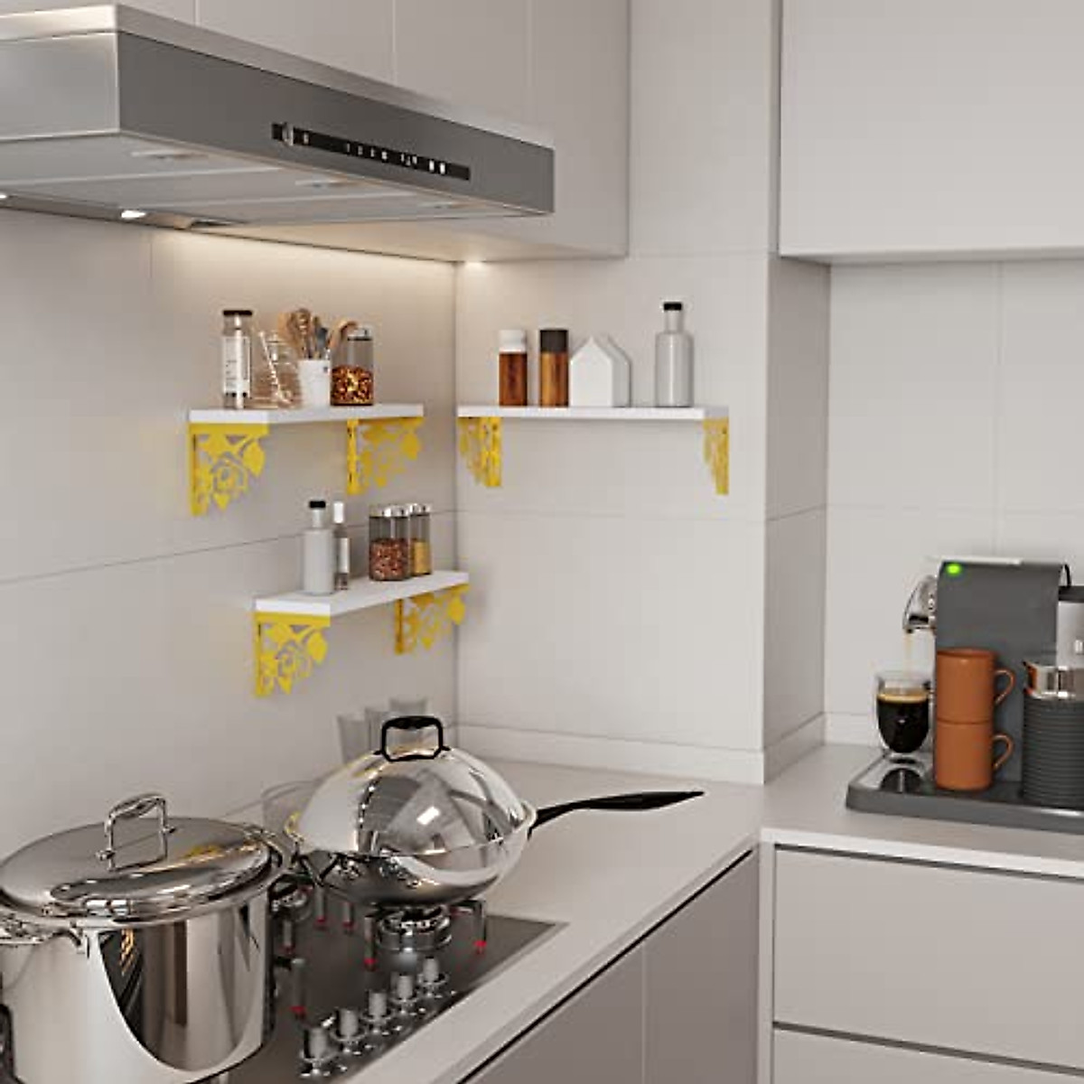 Lavezee Floating Shelves with Rose Flower Metal Wall Art Decor Set of 3 and 6 Packs 8x10 Black Pciturte Frames with Mat