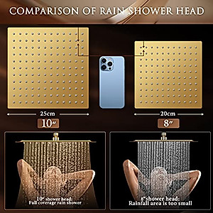 High Pressure Rainfall Shower Head/Handheld Shower Combo with 11" Adjustable Extension Arm, 5 Spray Settings Shower Heads with 60" Hose Anti-leak (Gold), 10"